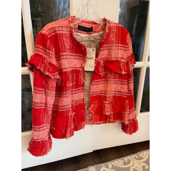 Zara | Jackets & Coats | Nwt Zara Red Plaid Tweed Lady Jacket Size M ...